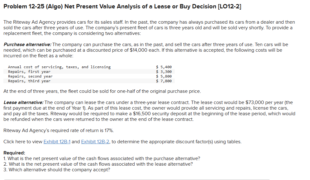 Solved Problem 12-25 (Algo) ﻿Net Present Value Analysis of a | Chegg.com