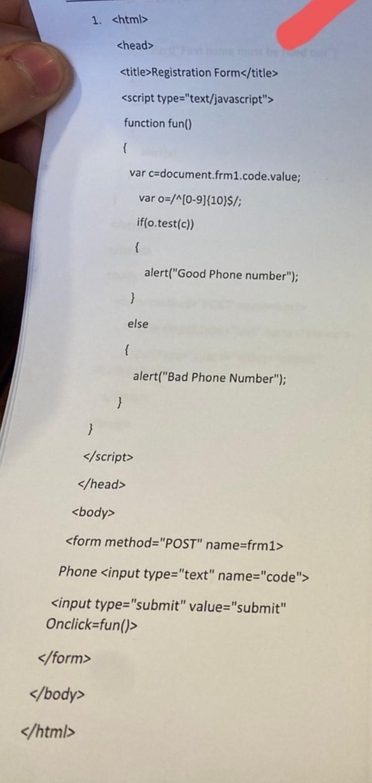 Solved 1. htm∣> Registration Form function fun() | Chegg.com