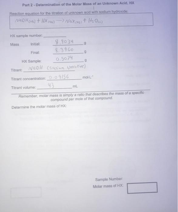 Solved Part 2 - Determination of the Molar Mass of an | Chegg.com