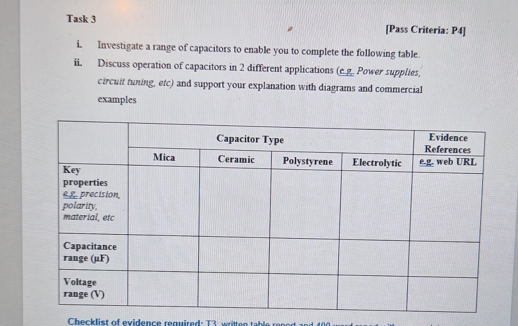 Solved IPass Criteria: i. Investigate a range of capacitors | Chegg.com