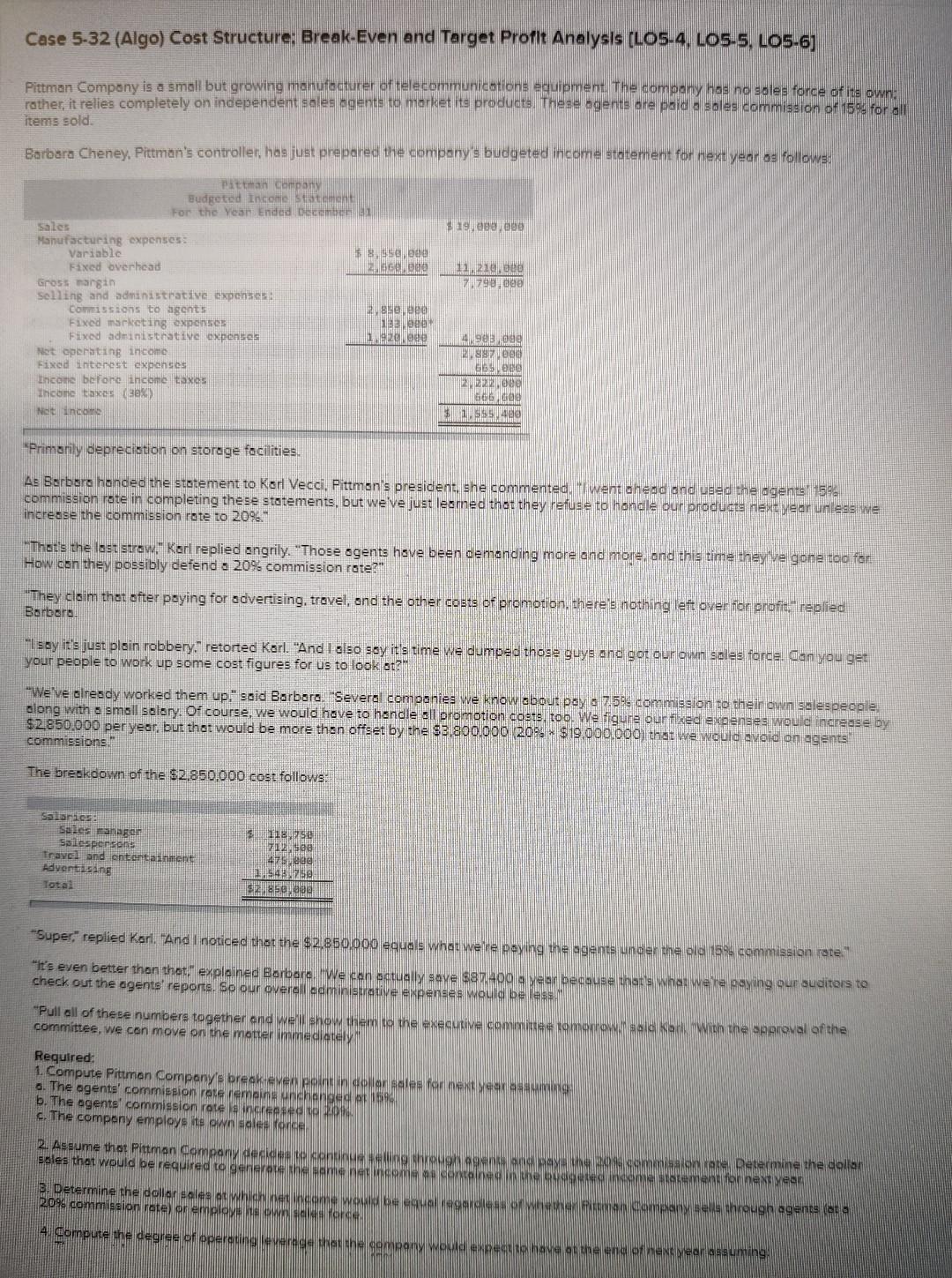 Solved Case 5-32 (Algo) Cost Structure: Break-Even and | Chegg.com