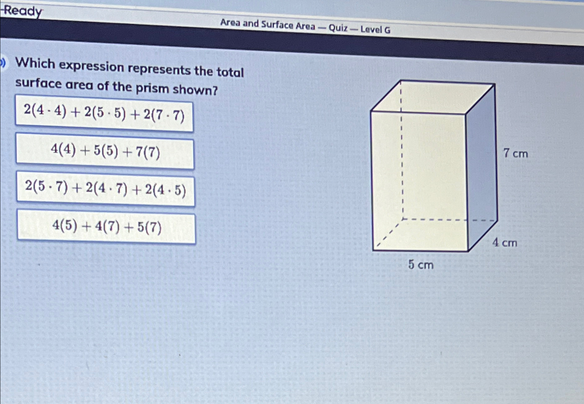 Solved -Ready Area and Surface Area - ﻿Quiz - ﻿Level G Which | Chegg.com