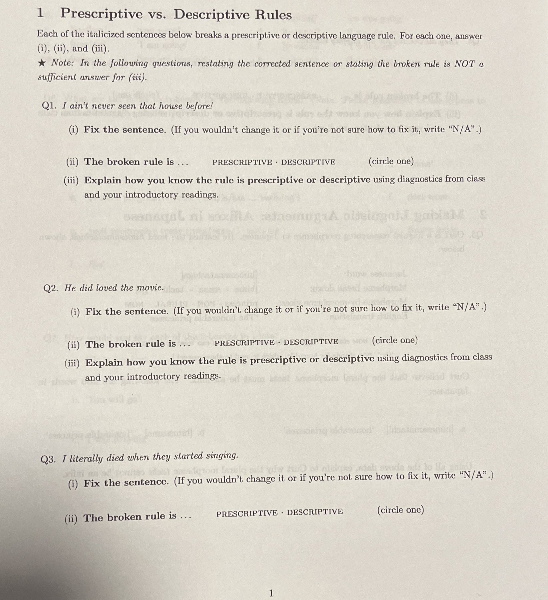 1 ﻿Prescriptive vs. ﻿Descriptive RulesEach of the | Chegg.com