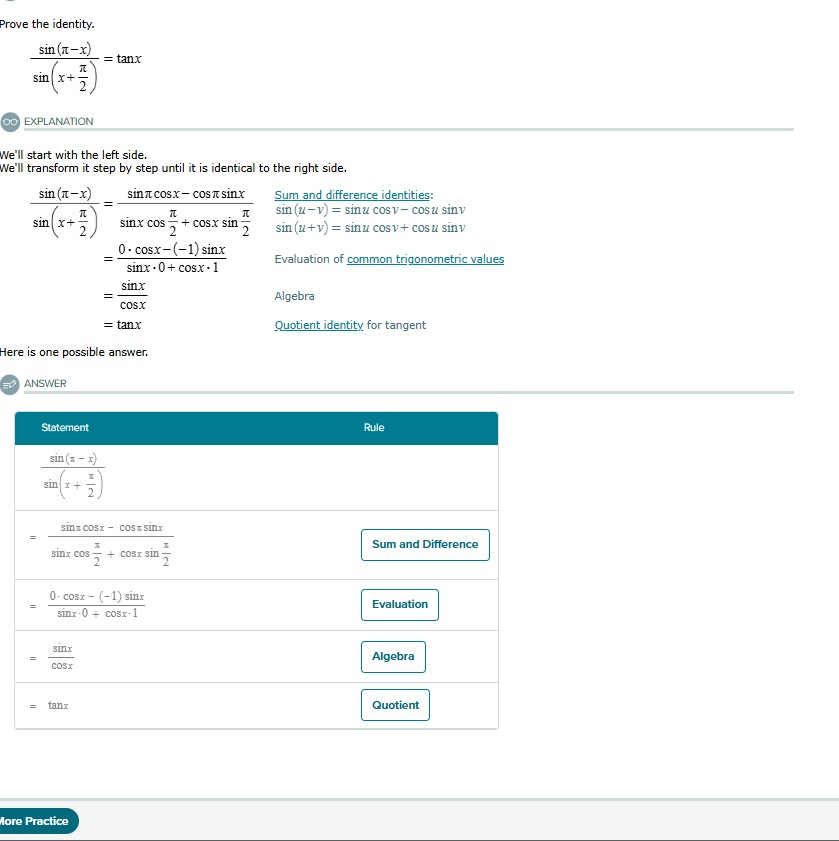 Solved code class="asciimath">Prove the identity. (sin(\pi | Chegg.com