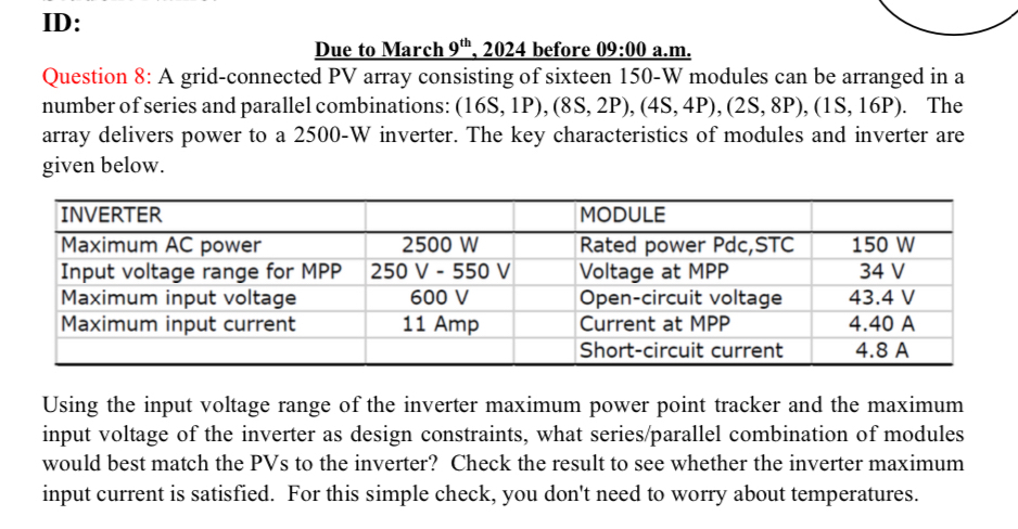 Solved ID:Due to March 9th ,2024 ﻿before 09:00 ﻿a.m.Question | Chegg.com