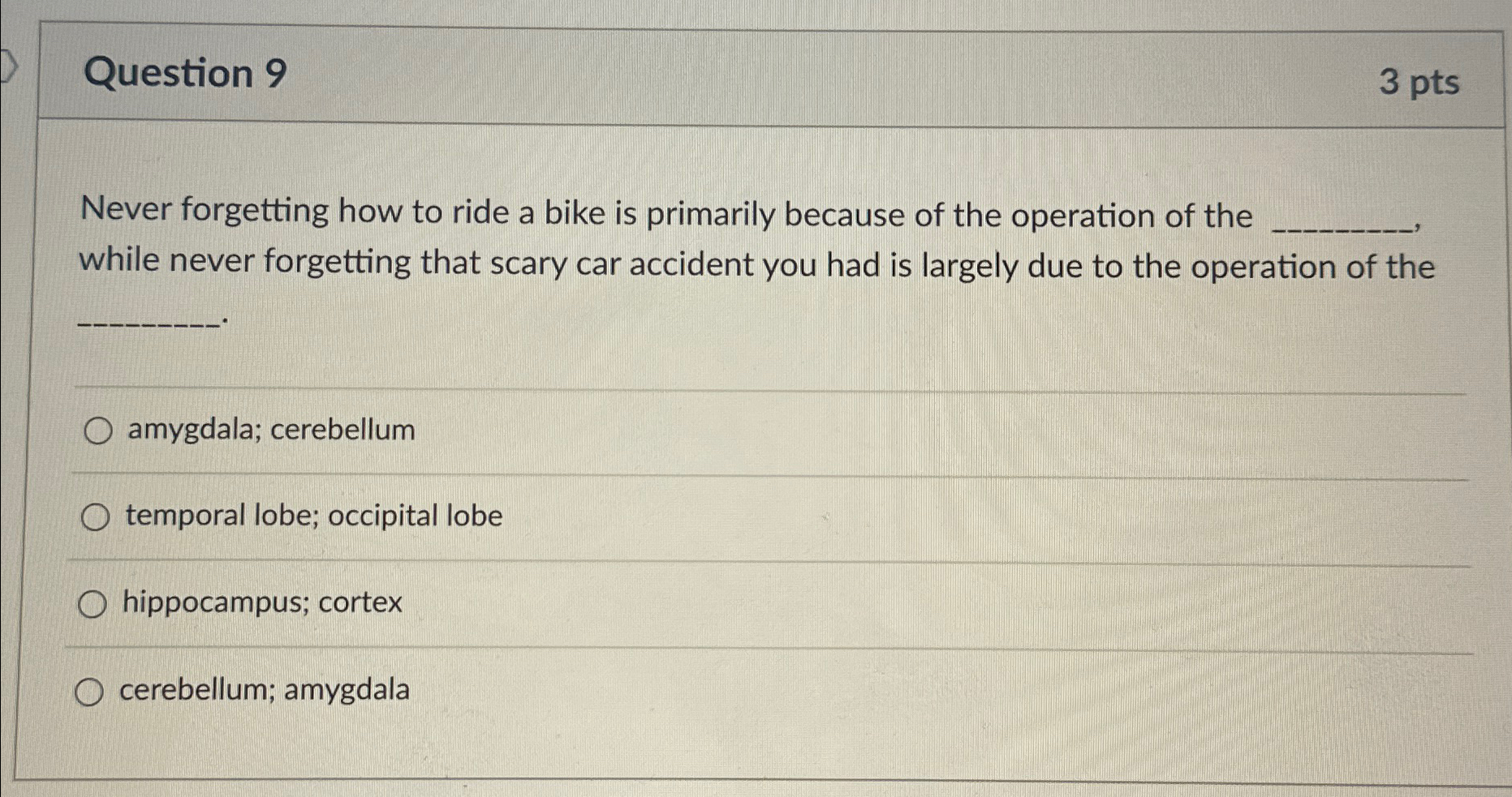 Solved Question 9 3 ﻿pts Never forgetting how to ride a bike | Chegg.com