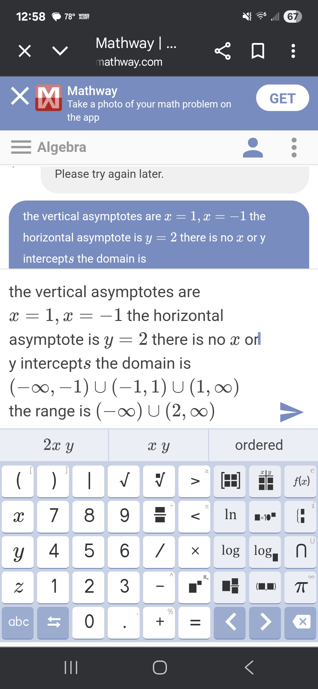 Solved code class="asciimath">intercepts the domain is the | Chegg.com