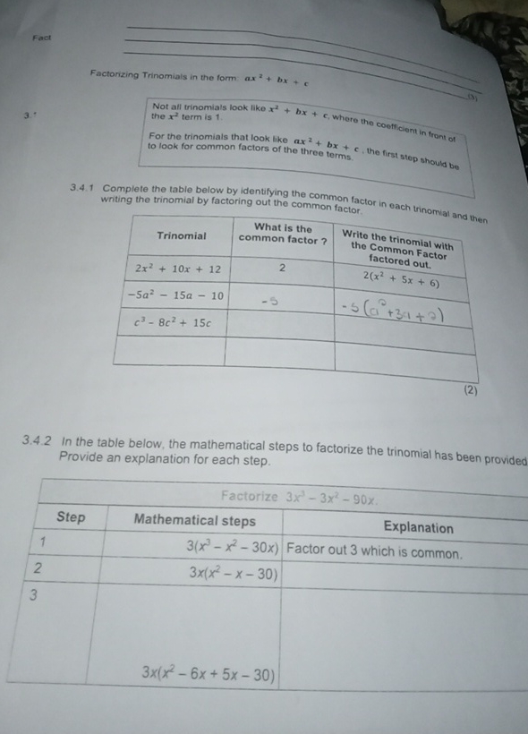 Solved Fact Factorizing Trinomials in the form ax2+bx+c 3. | Chegg.com