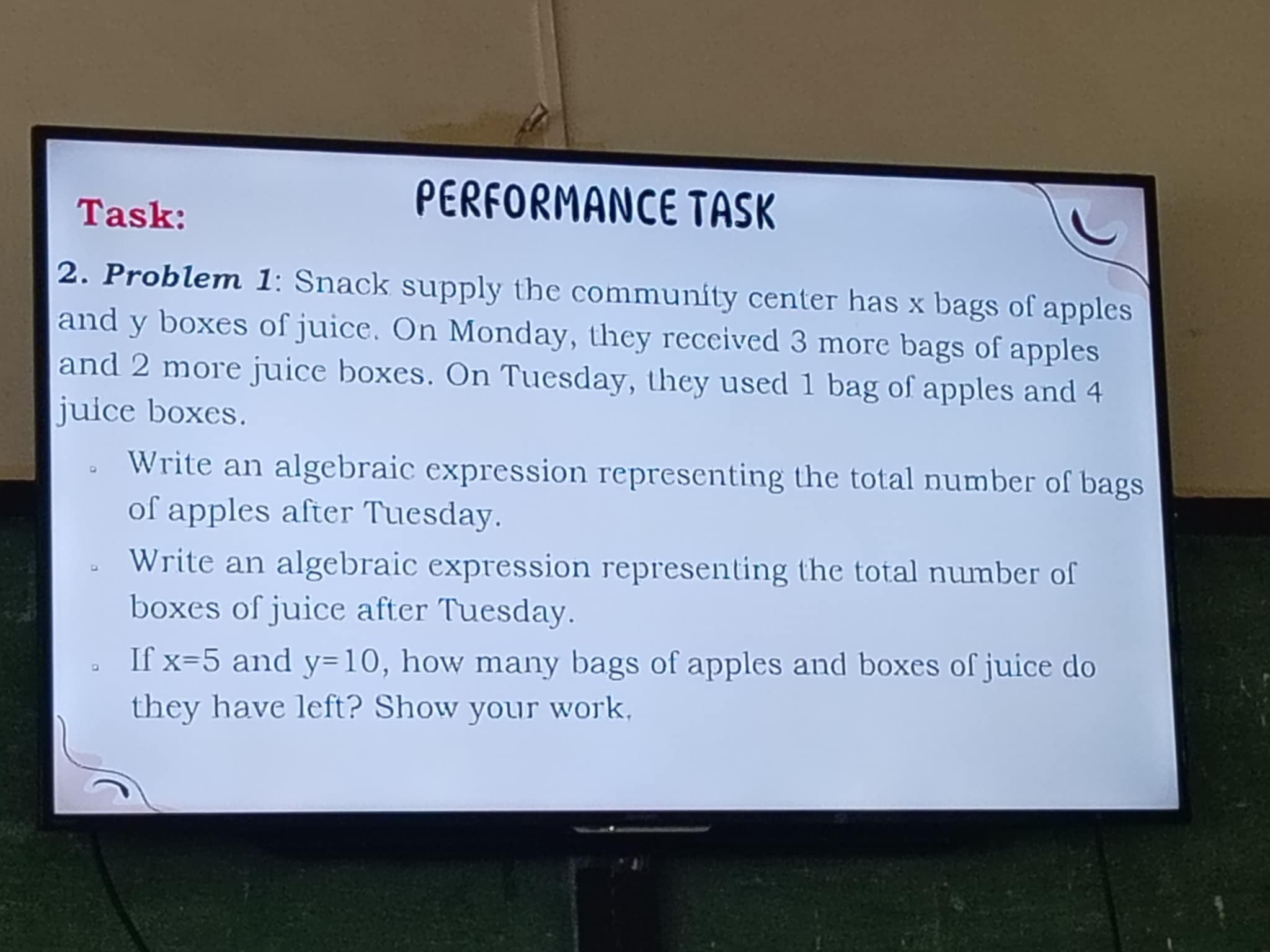 Solved Task: PERFORMANCE TASK 2. ﻿Problem 1: Snack supply | Chegg.com