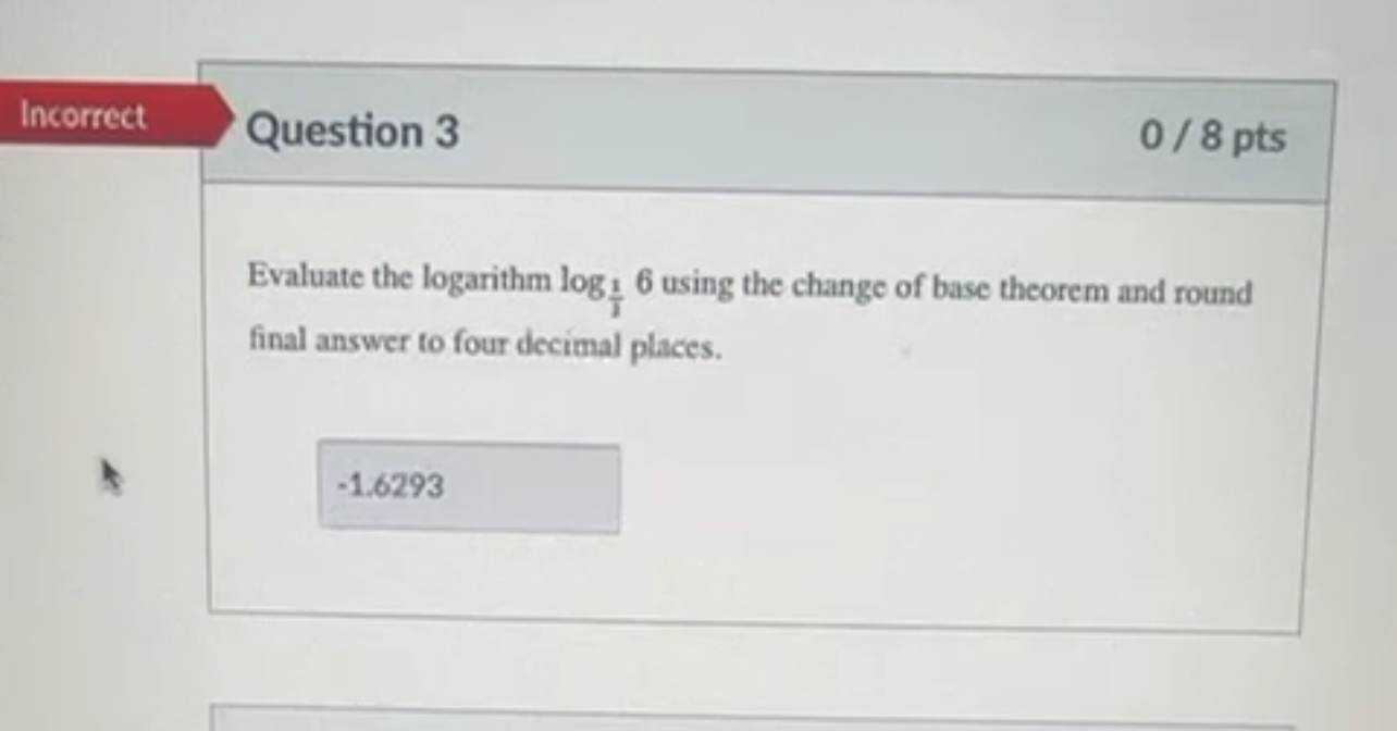 Solved IncorrectQuestion 308 ﻿ptsEvaluate the logarithm | Chegg.com