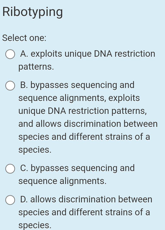 Solved Ribotyping Select one:A. ﻿exploits unique DNA | Chegg.com