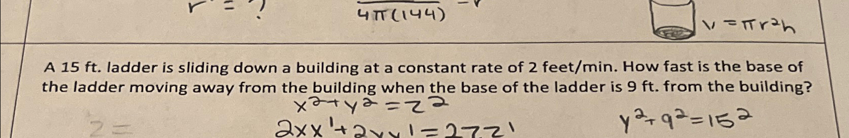 Solved A 15ft. ﻿ladder is sliding down a building at a | Chegg.com