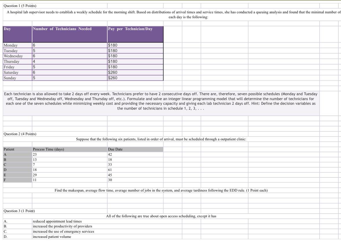 Solved Question 1 (5 ﻿Points)A hospital lab supervisor needs | Chegg.com