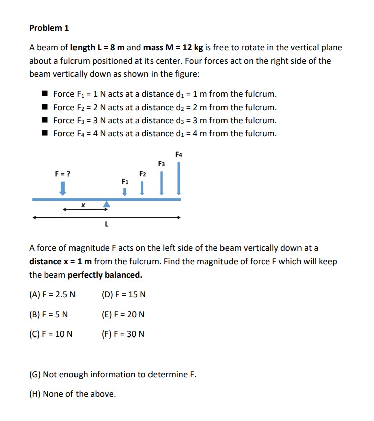 Solved Problem 1A beam of length L=8m ﻿and mass M=12kg ﻿is | Chegg.com