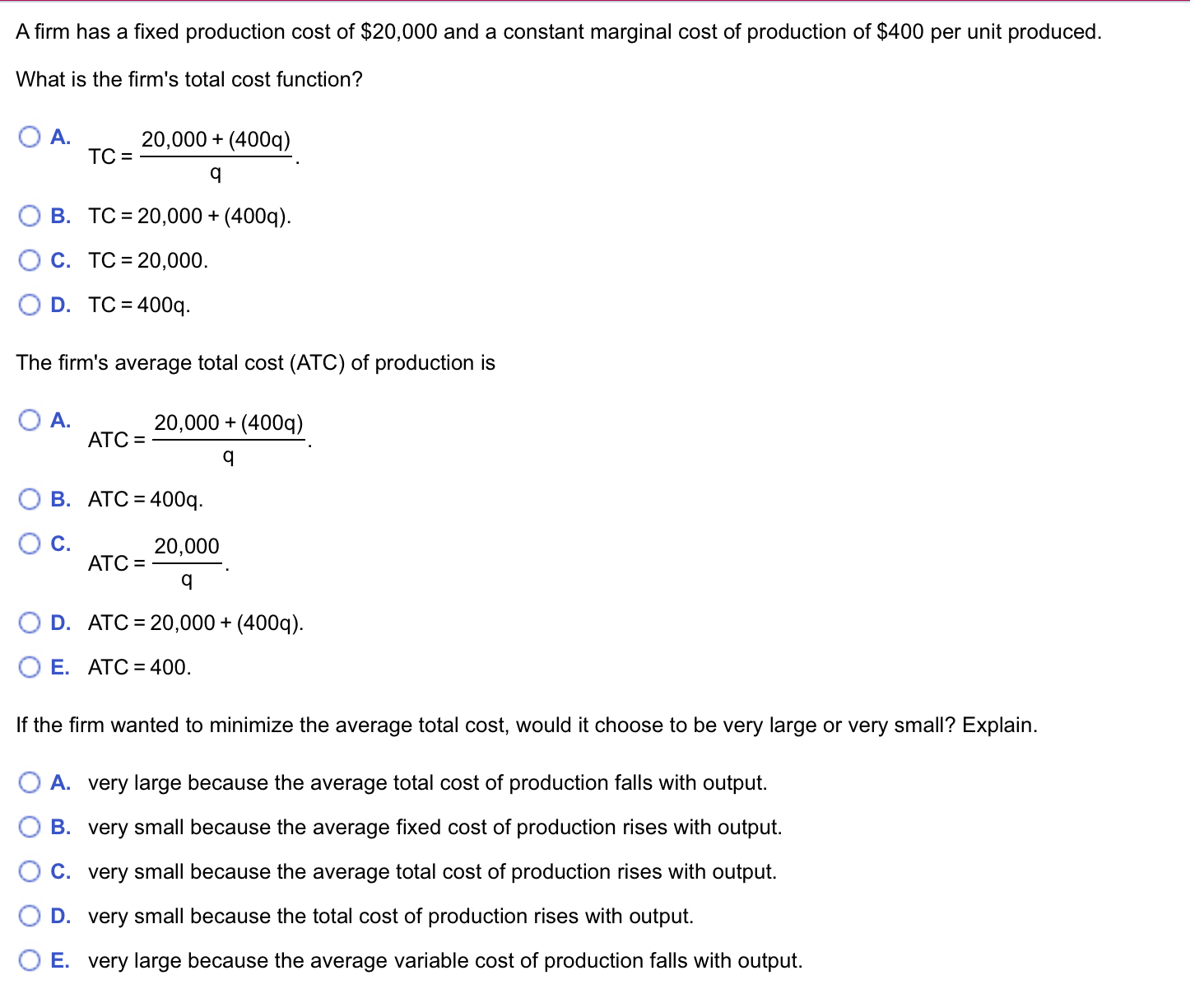 Solved A firm has a fixed production cost of $20,000 ﻿and a | Chegg.com