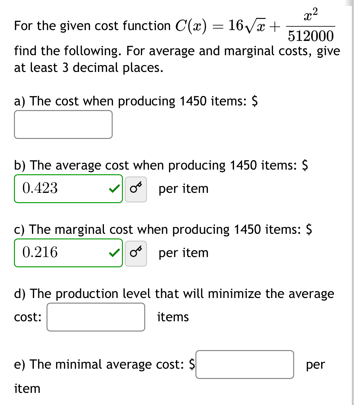 Solved For the given cost function C(x)=16x2+x2512000 ﻿find | Chegg.com