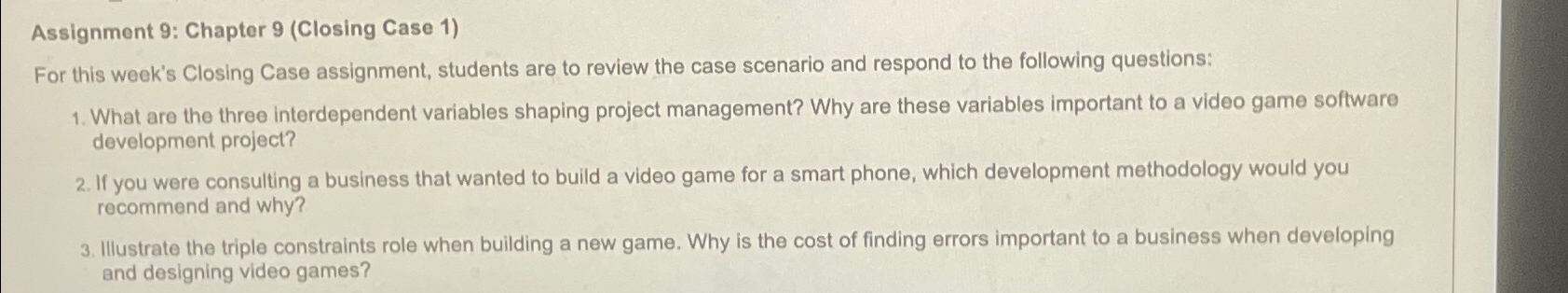 Solved Assignment 9: Chapter 9 (Closing Case 1)For this | Chegg.com