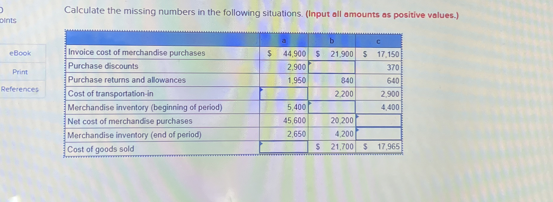 Solved Calculate the missing numbers in the following | Chegg.com