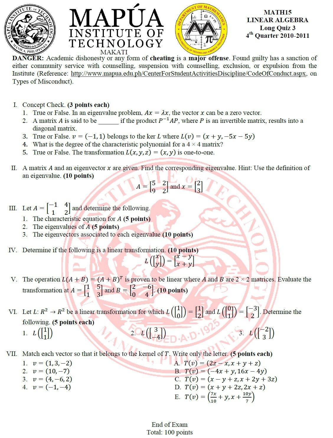 Solved MATH15 ﻿LINEAR ALGEBRA Long Quiz 3 4th ﻿Quarter | Chegg.com