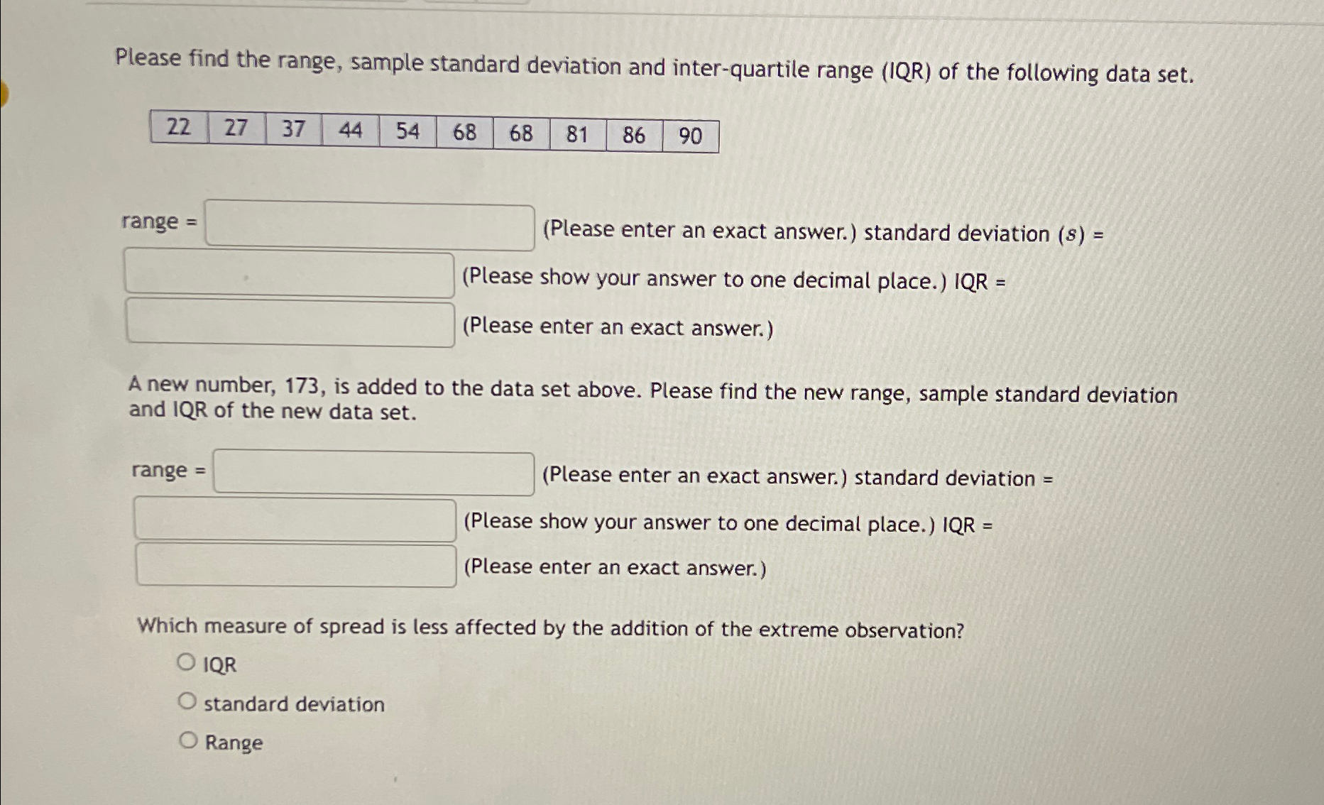 Solved Please find the range, sample standard deviation and | Chegg.com