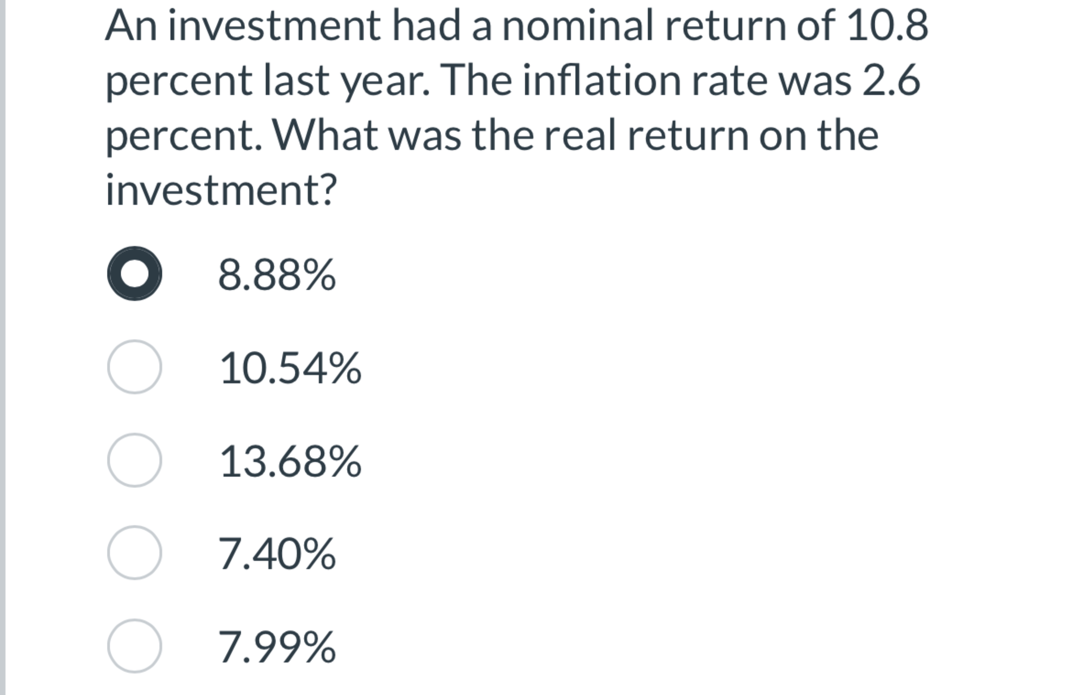 Solved An investment had a nominal return of 10.8 ﻿percent | Chegg.com