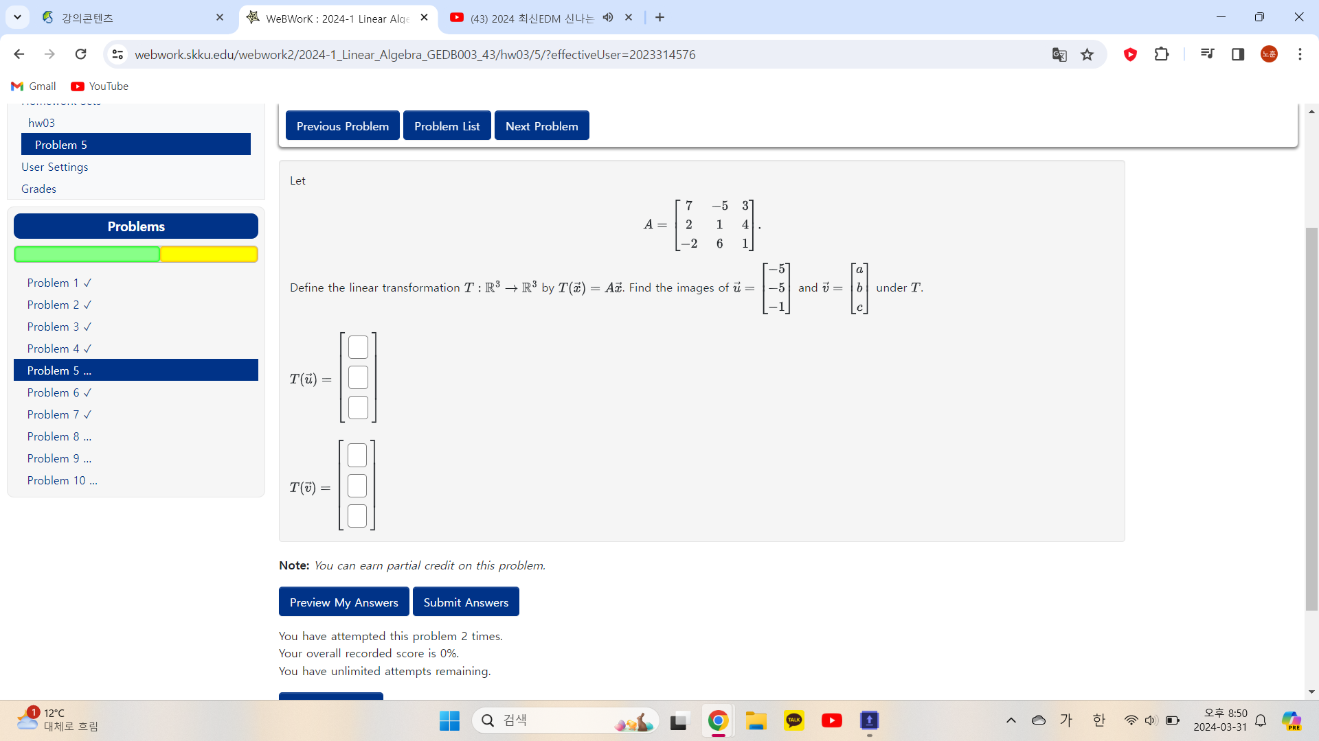Solved Let A=[7-53214-261] ﻿Define the linear transformation | Chegg.com