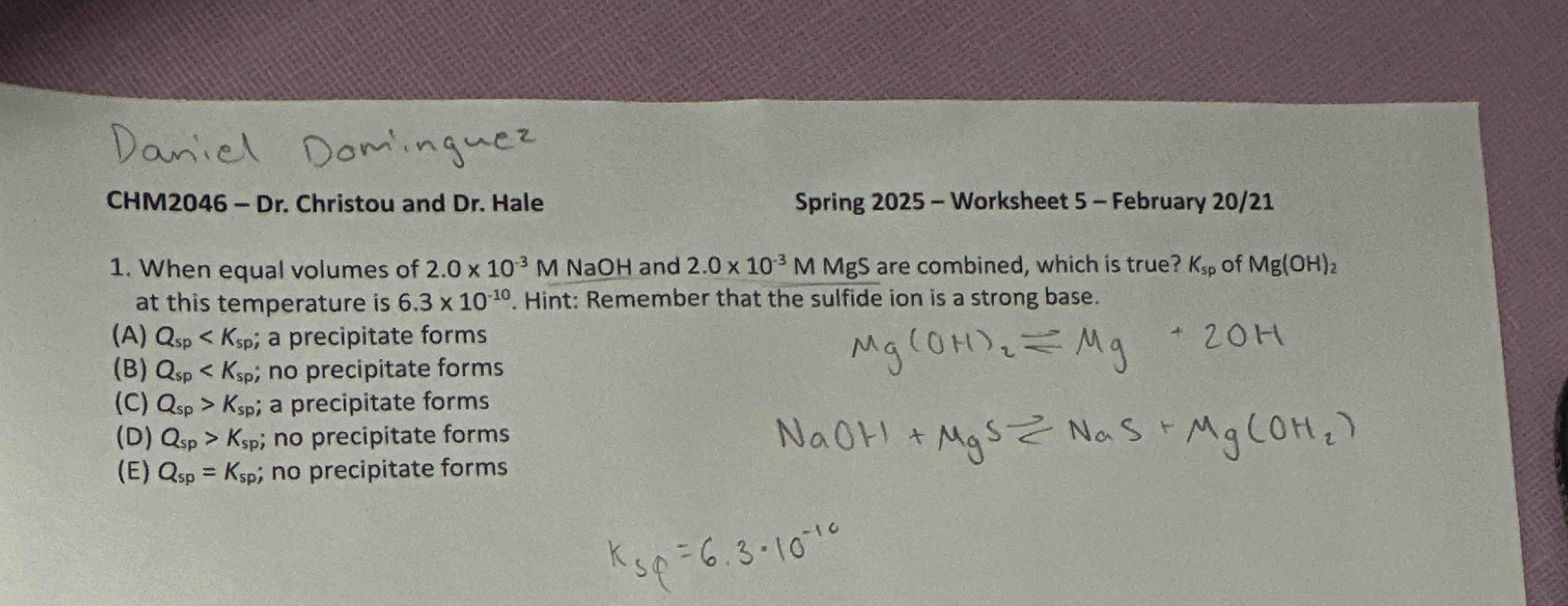 Solved code class="asciimath">Daniel Dominguez CHM2046 - | Chegg.com