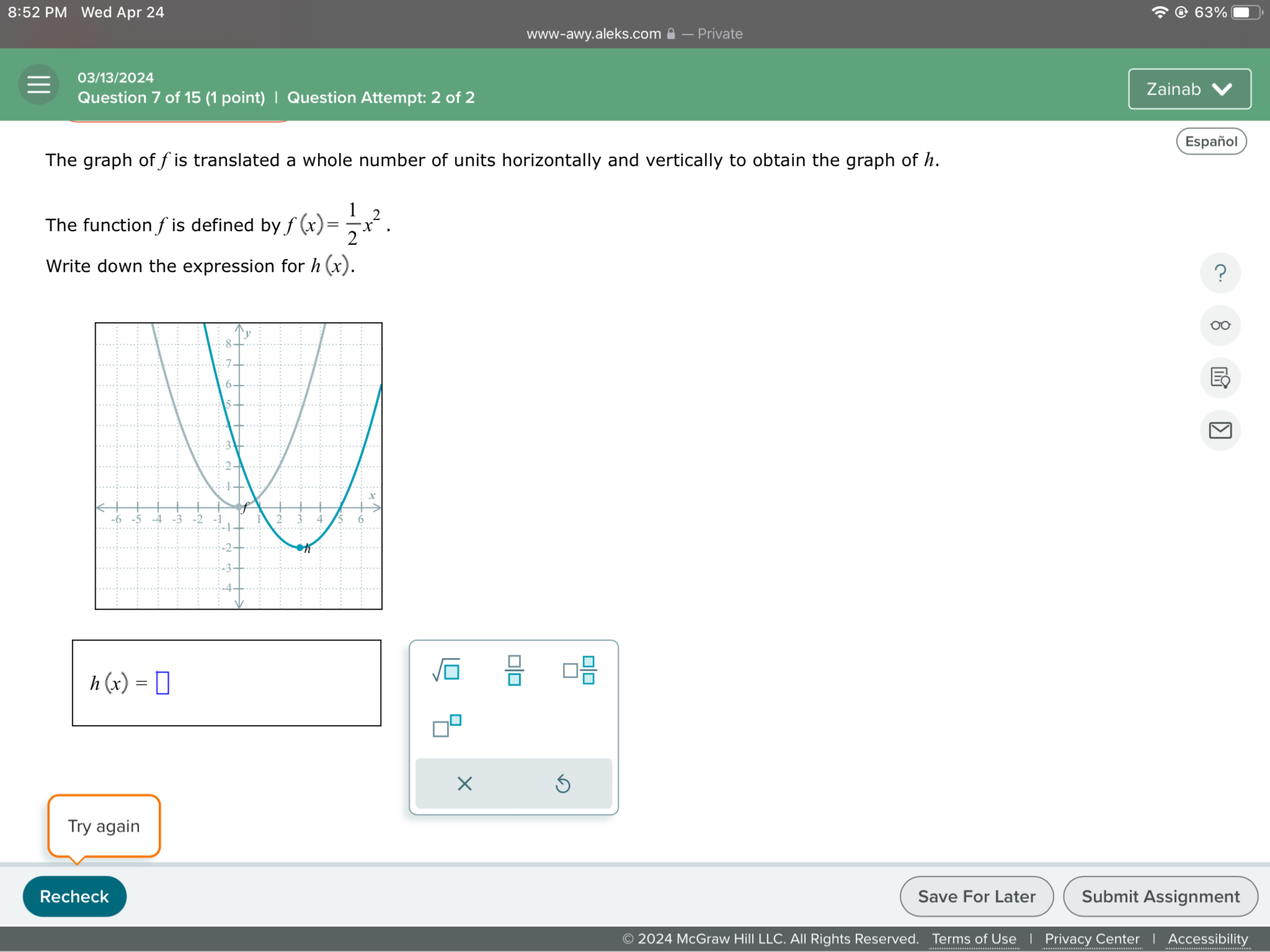 Solved The graph of f ﻿is translated a whole number of units | Chegg.com
