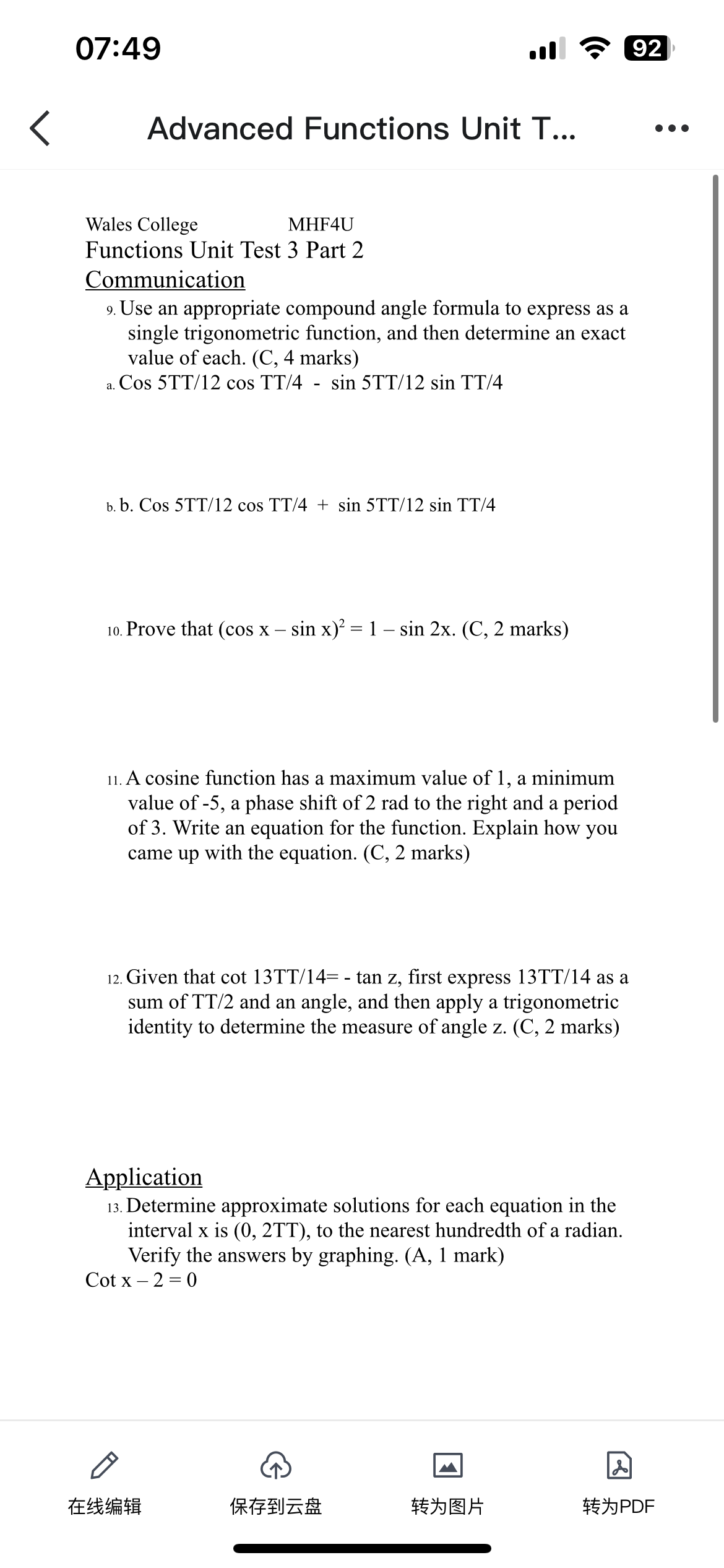 Solved Wales College MHF4U Functions Unit Test 3 ﻿Part 2 | Chegg.com