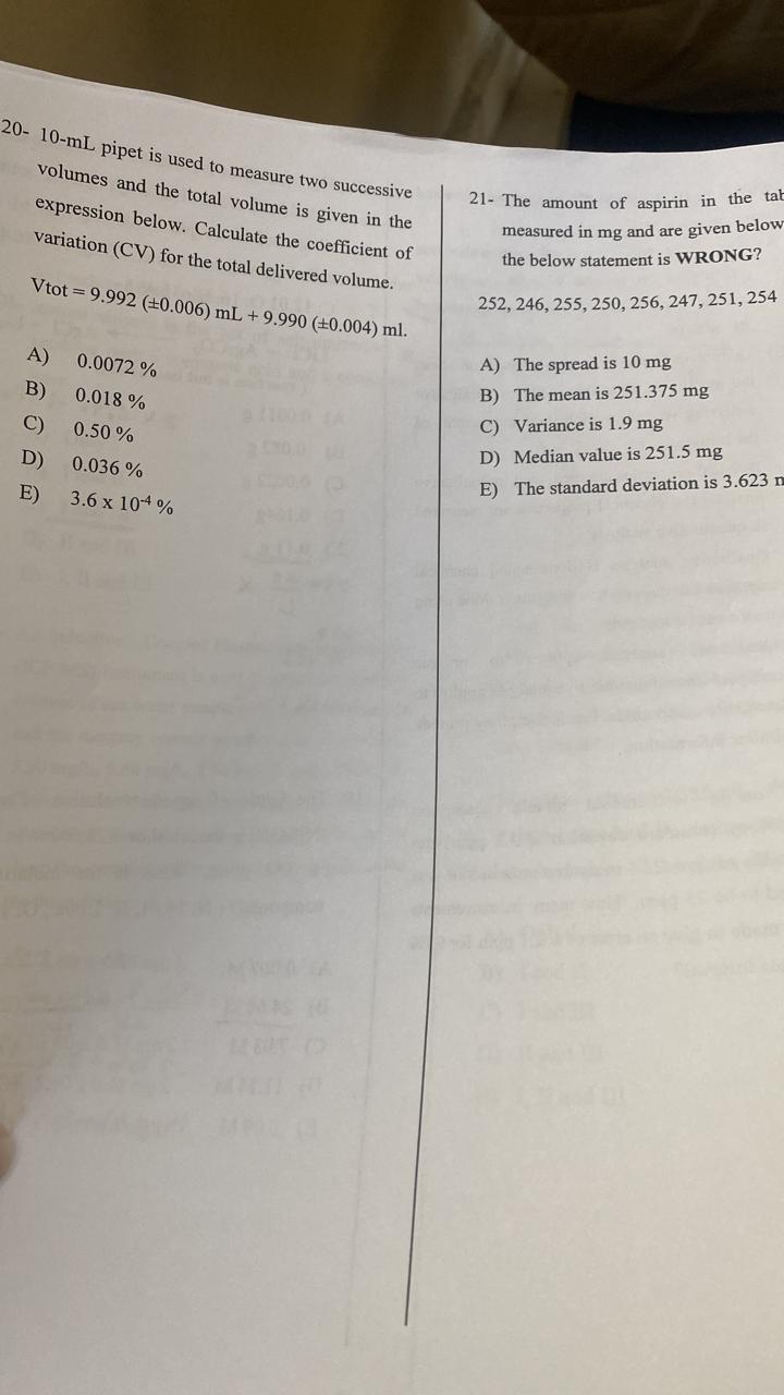 Solved 20- 10-mL ﻿pipet is used to measure two | Chegg.com