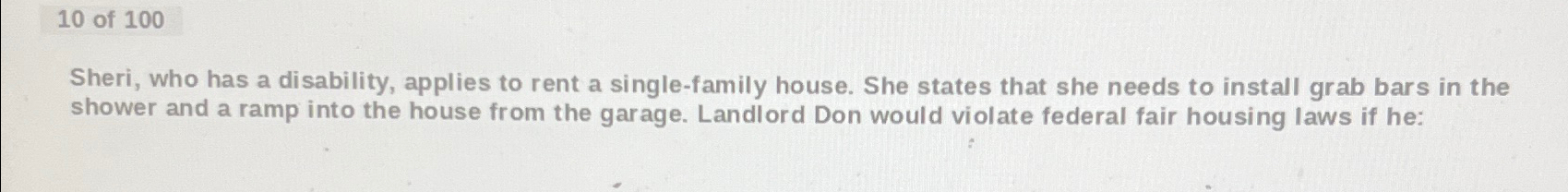 Solved Sheri, who has a disability, applies to rent a | Chegg.com
