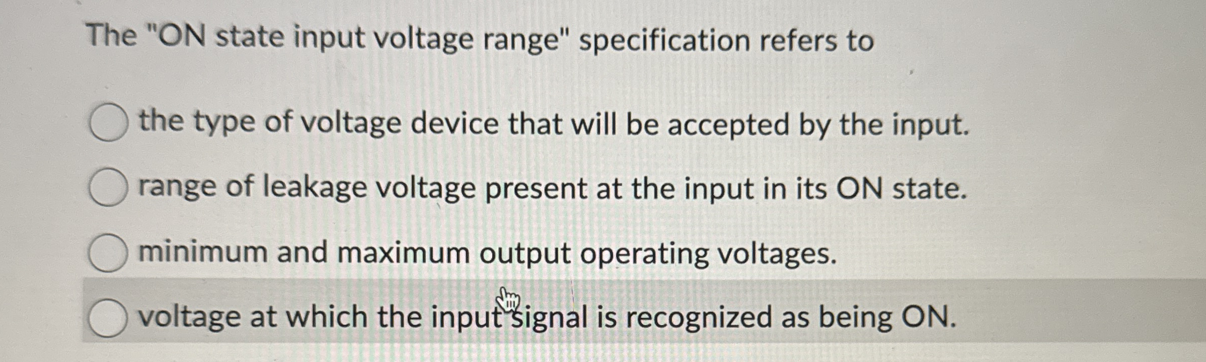 Solved The "ON state input voltage range" specification | Chegg.com