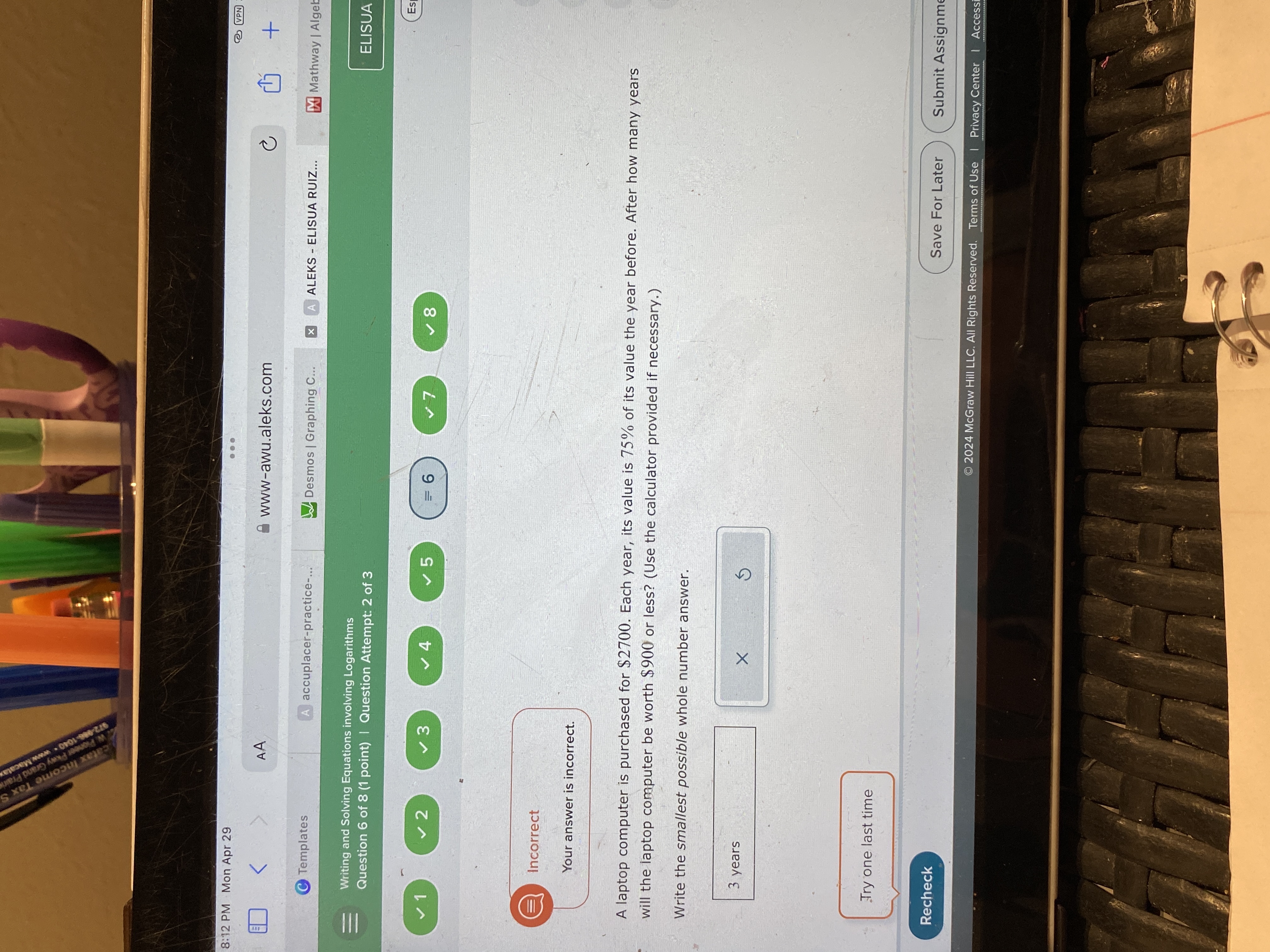 Solved Incorrect Your answer is incorrect. A laptop computer | Chegg.com