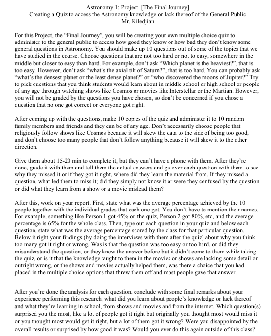 Solved Astronomy 1: Project [The Final Journey] ﻿Creating a | Chegg.com