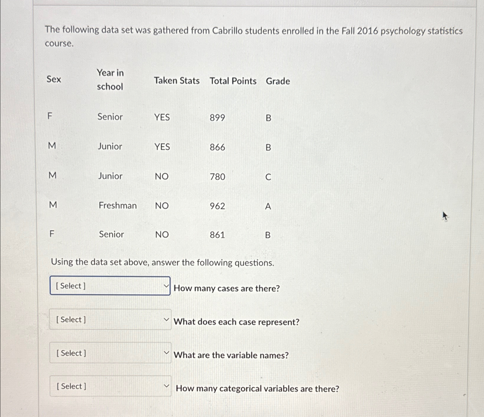 Solved The following data set was gathered from Cabrillo | Chegg.com