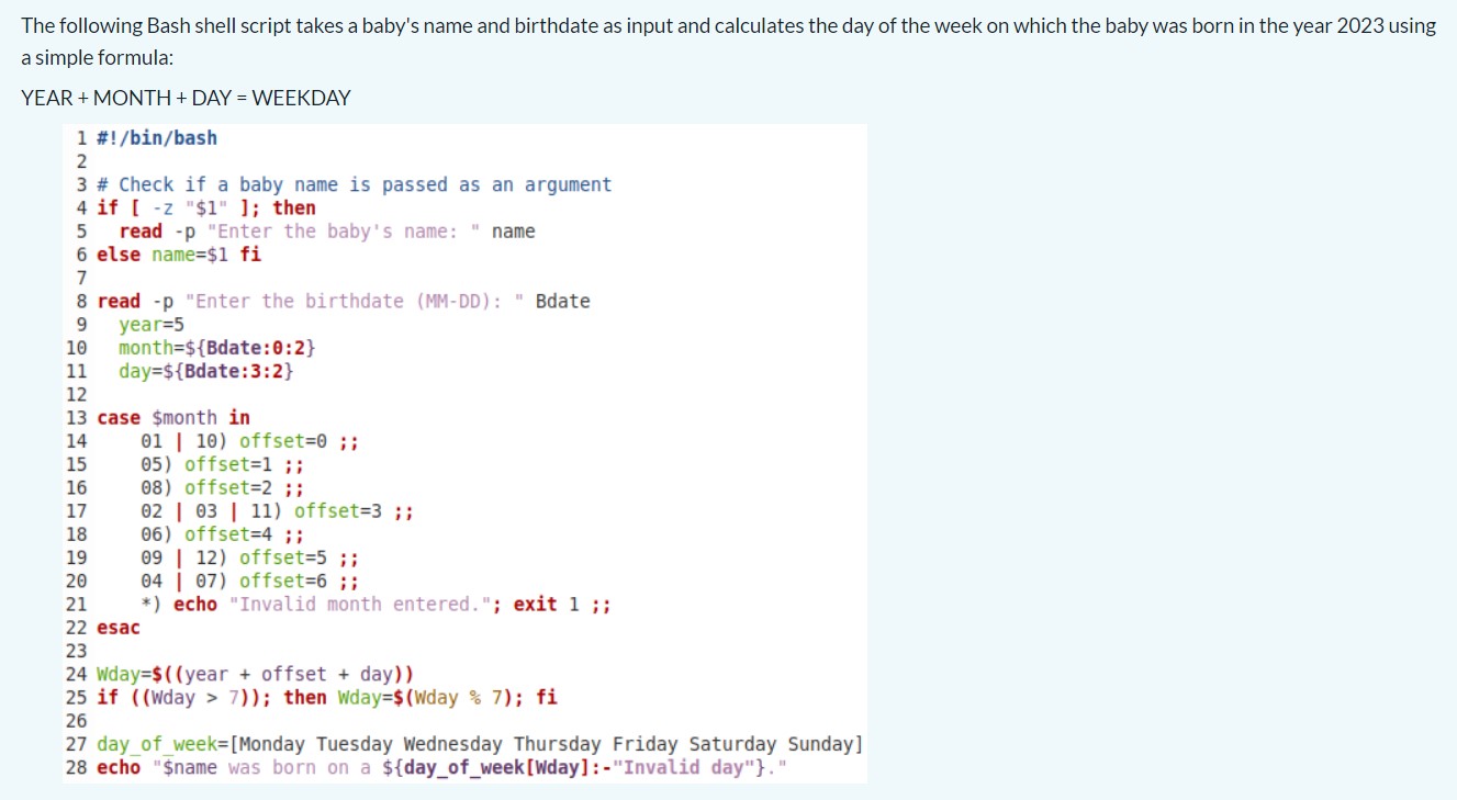Solved The following Bash shell script takes a baby's name | Chegg.com