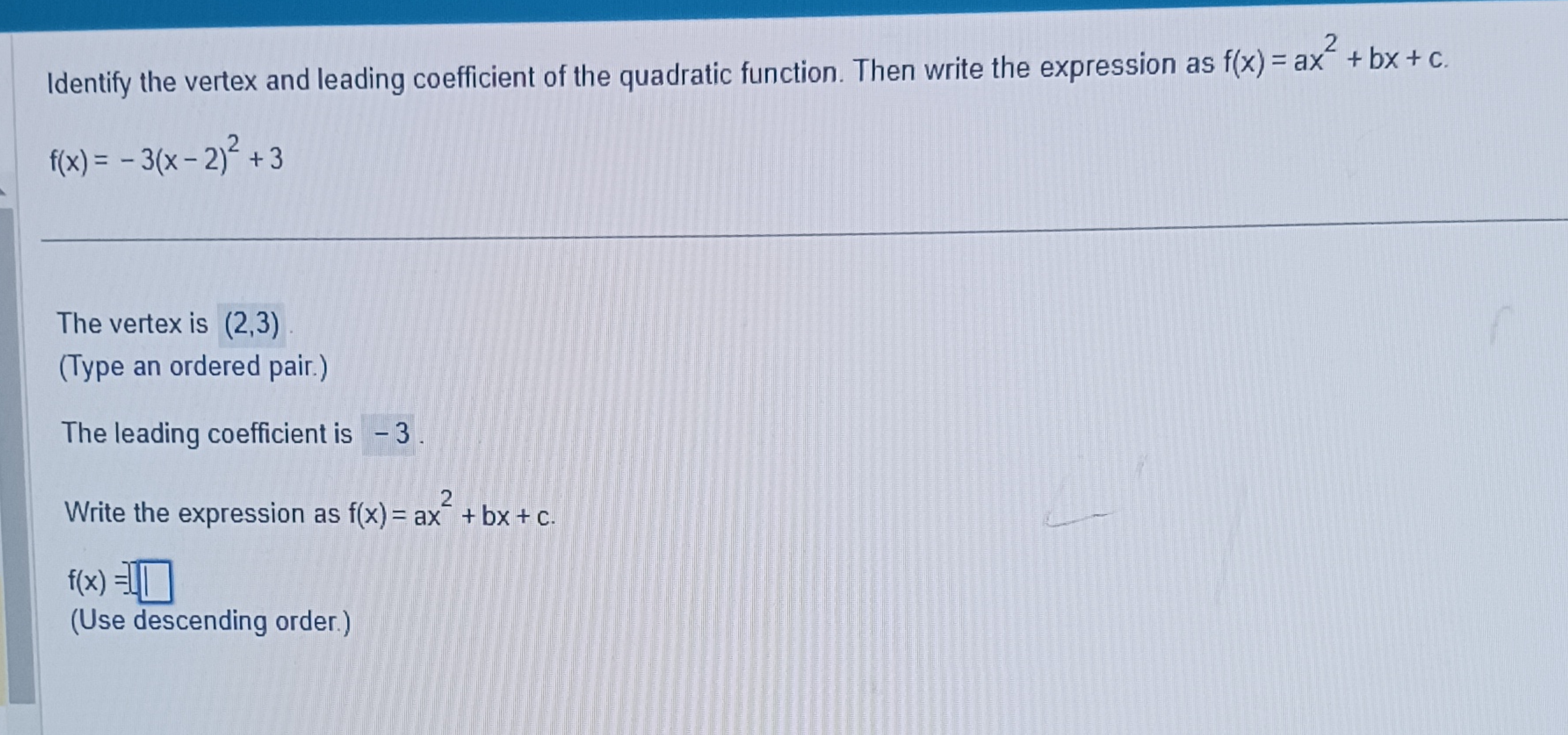 Solved Identify the vertex and leading coefficient of the | Chegg.com