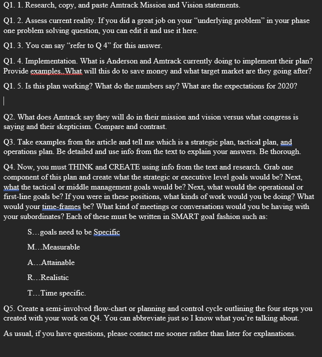 Solved Q1. 1. ﻿Research, copy, and paste Amtrack Mission and | Chegg.com