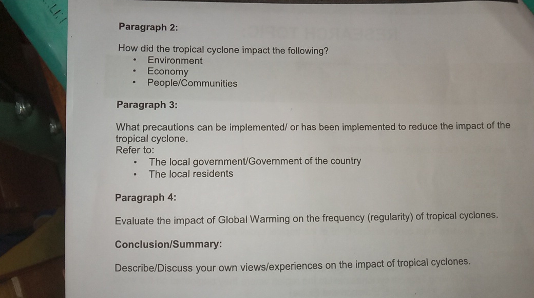 Solved Paragraph 2: How did the tropical cyclone impact the | Chegg.com