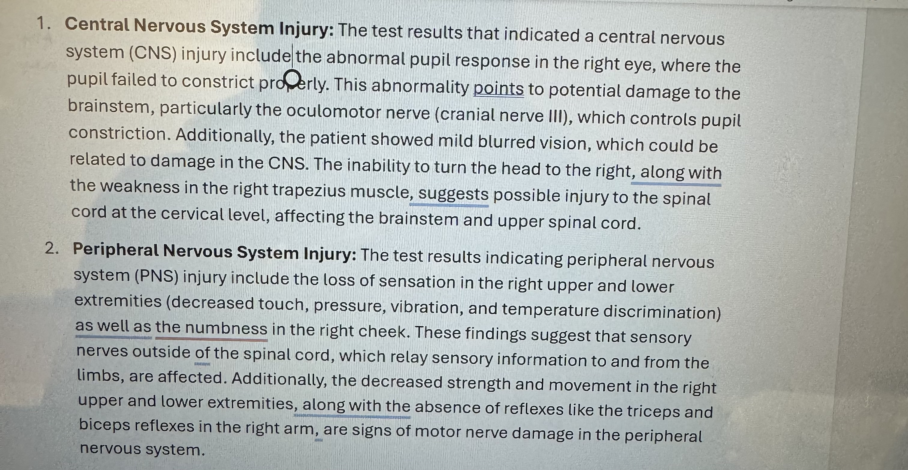 Central Nervous System Injury: The test results that | Chegg.com
