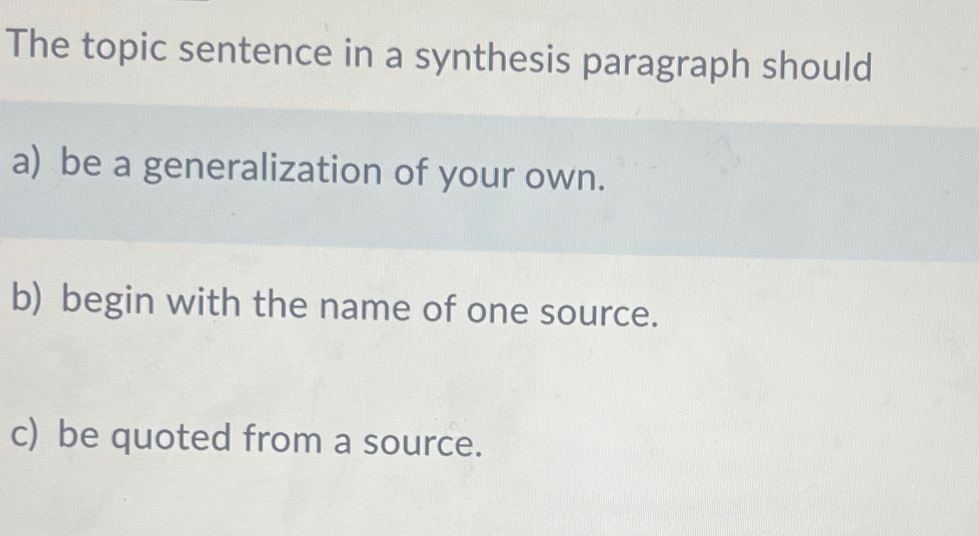 Solved The topic sentence in a synthesis paragraph should a) | Chegg.com