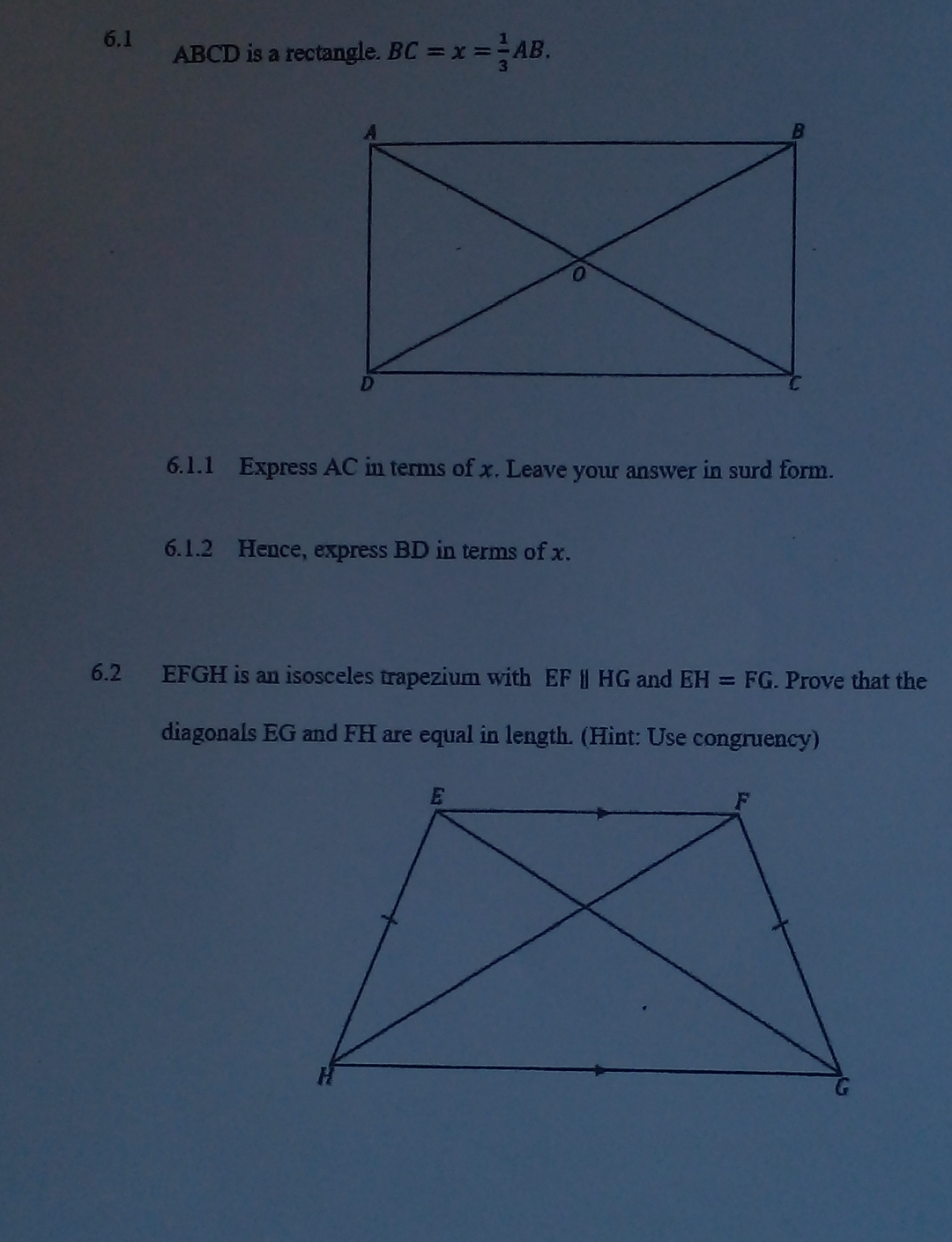Solved 6.1 ﻿ABCD is a rectangle. BC=x=13AB. 6.1.1 ﻿Express | Chegg.com