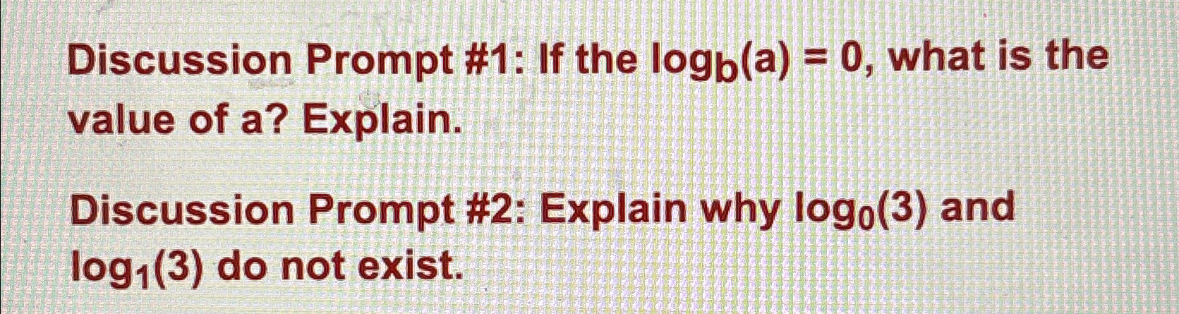 Solved Discussion Prompt #1: If the logb(a)=0, ﻿what is the | Chegg.com