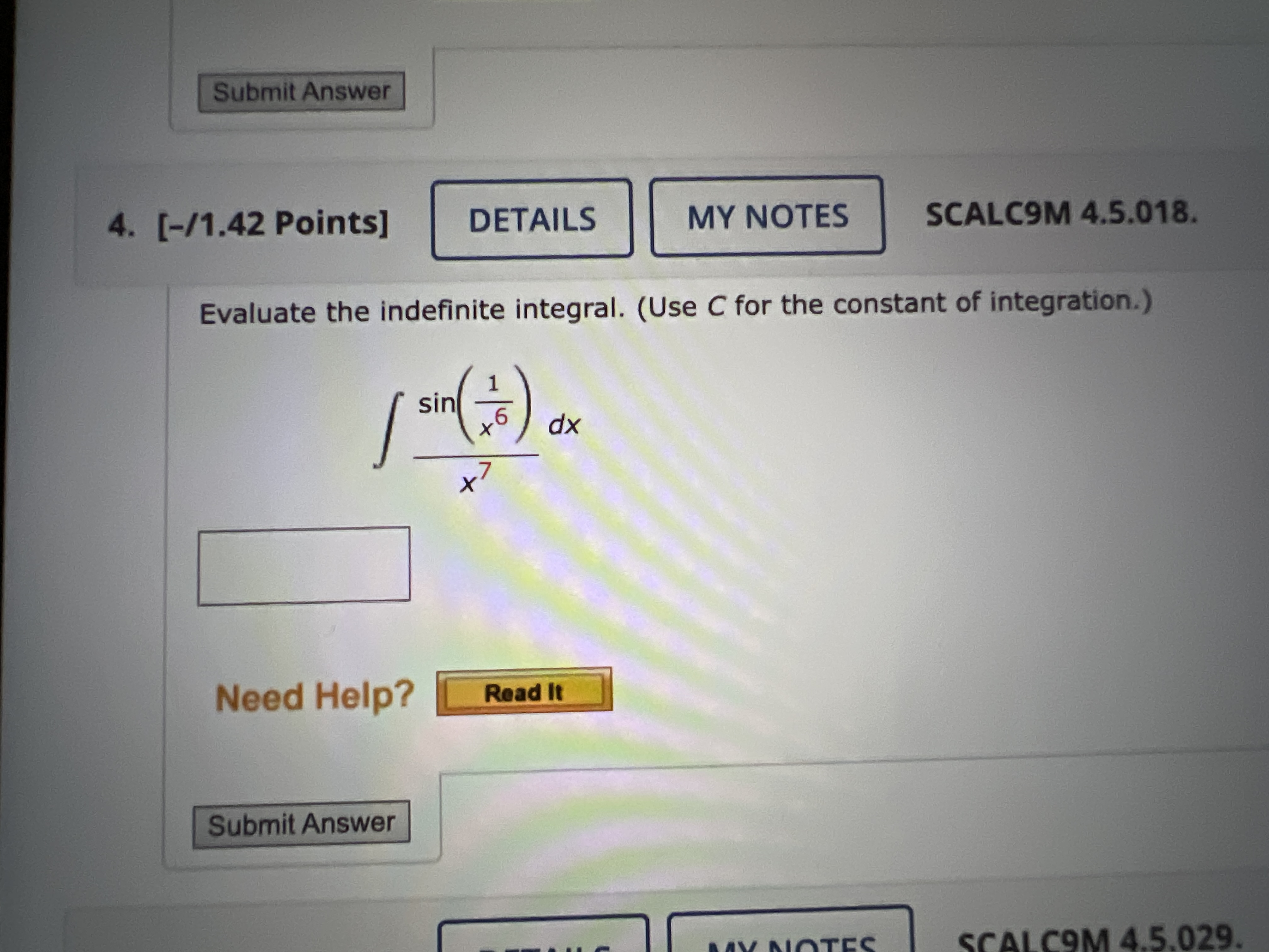 Solved [-/1.42 ﻿Points] ﻿SCALC9M 4.5.018. ﻿Evaluate the | Chegg.com