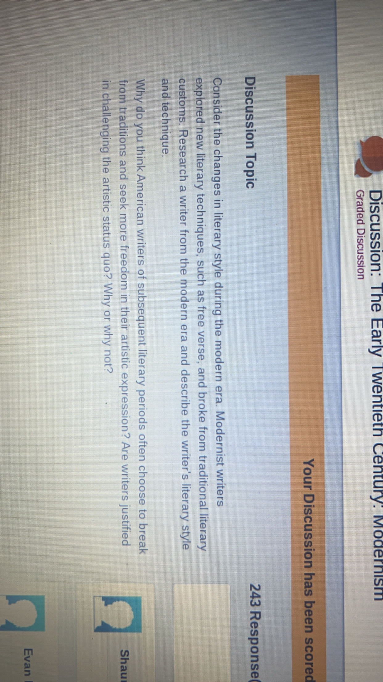 Solved Discussion Topic Consider the changes in literary | Chegg.com