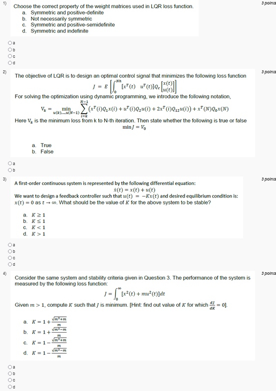Solved abcdThe objective of LQR is to design an optimal | Chegg.com