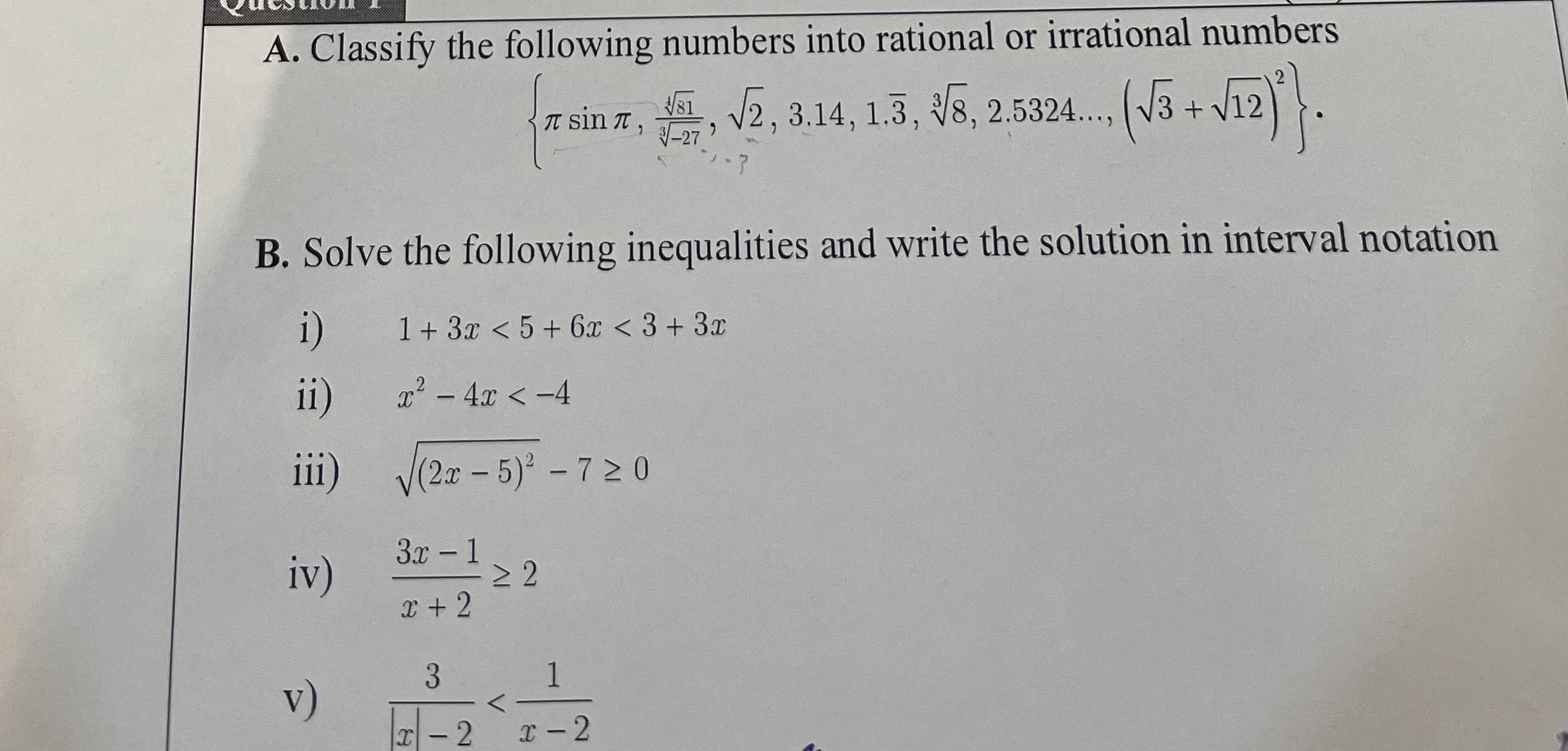 Solved A. ﻿Classify the following numbers into rational or | Chegg.com
