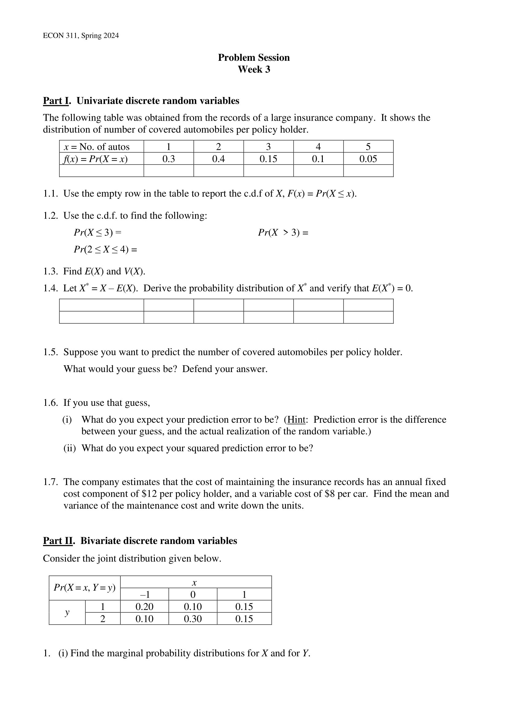 Solved Problem SessionWeek 3Part I. Univariate discrete | Chegg.com