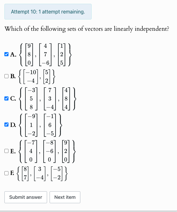 Solved Which of the following sets of vectors are linearly | Chegg.com