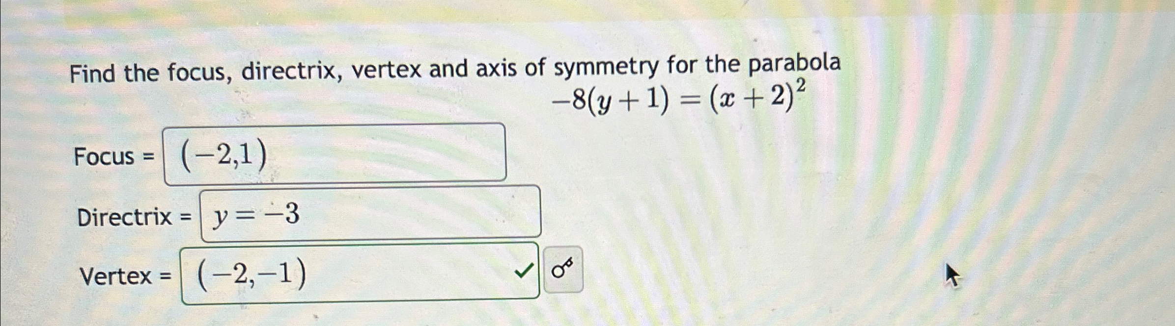 Solved Find the focus, directrix, vertex and axis of | Chegg.com
